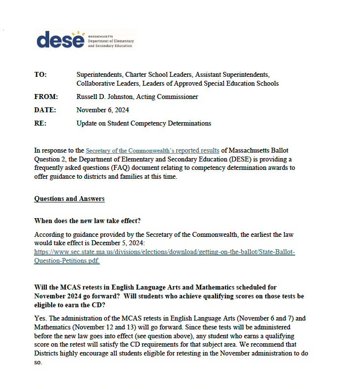 DESE releases Q & A following passage of Question 2